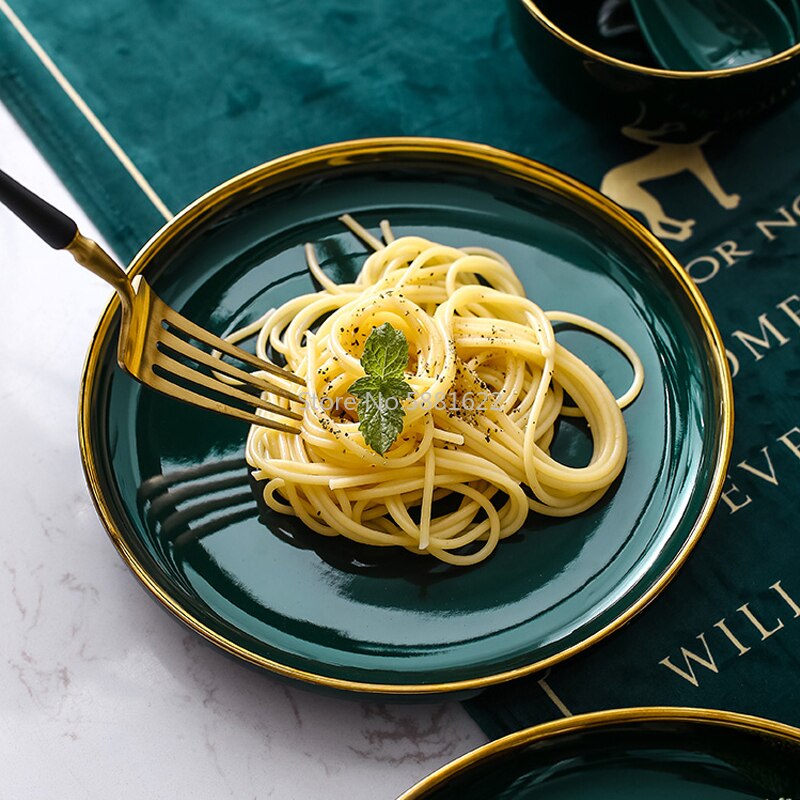 Grøn keramisk guld indlægsplade bøf mad tallerken ... – Grandado