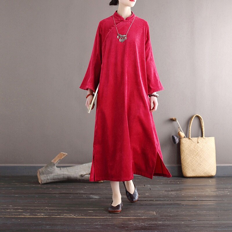 Frauen Cord Vintage Robe Kleider Flare Hülse Stehe... – Grandado