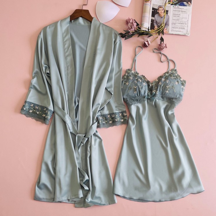 White Bride Sexy Satin Lace Robe Sets 2pcs Summer Grandado