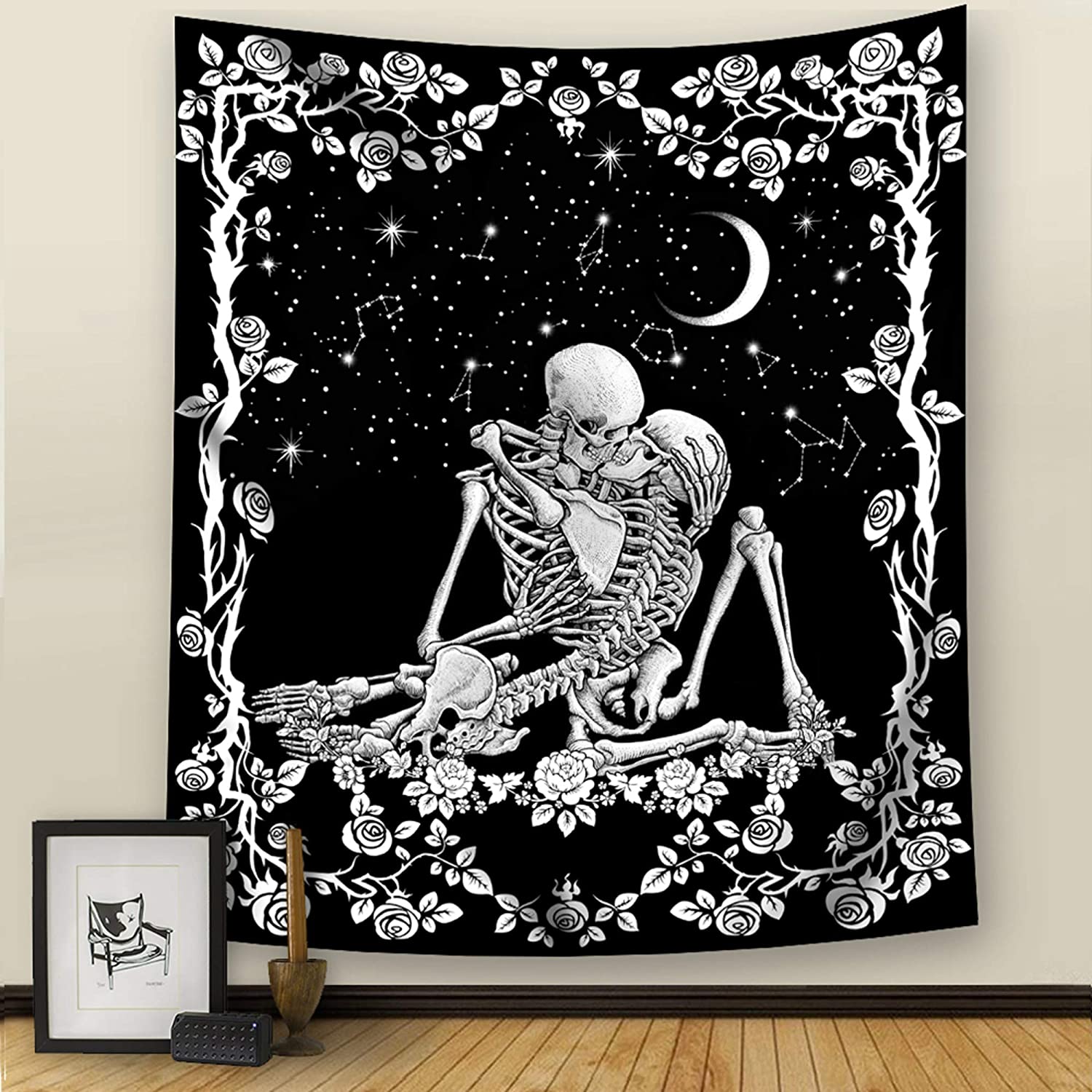 Schedel Zoenen Lovers Tapestry Zwart En Witte Muur... – Grandado