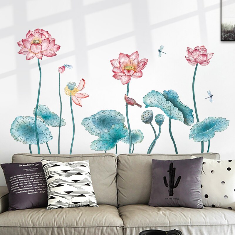 85*149cm Chinese Lotus Wall Stickers for Living ro... – Grandado
