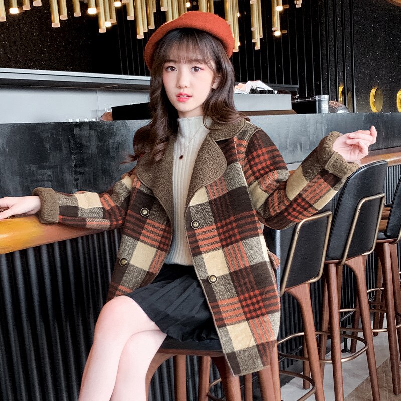 Meisje Wollen Jas Kids Turn-Down Kraag Plaid Overj... – Grandado
