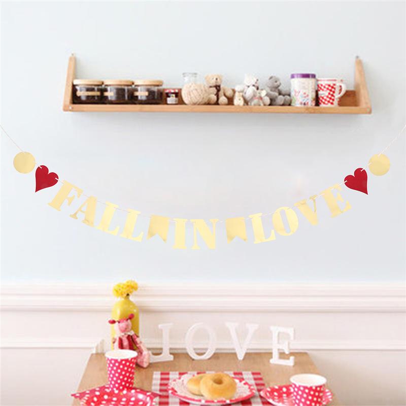 FALL IN LOVE Gold Glitter Bunting Banner with 2 He... – Grandado