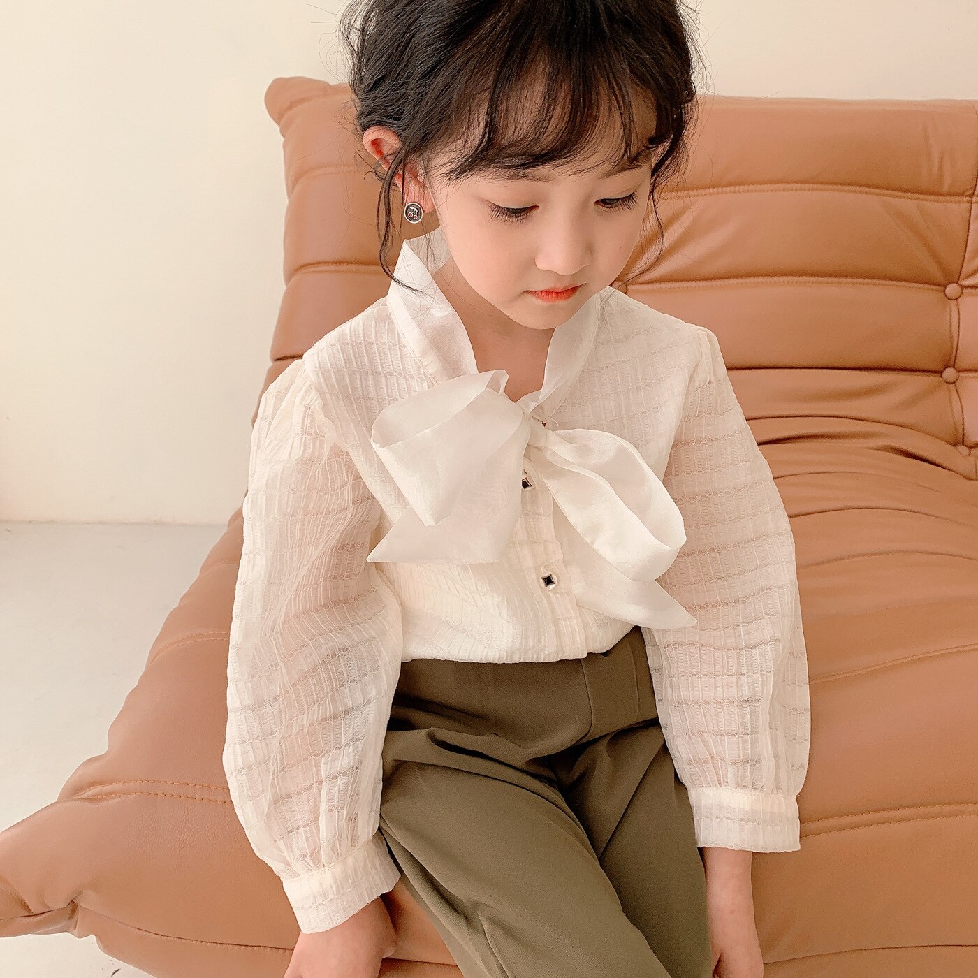 Preppy Style Girls Bows Ties White Blouse for Kids... – Grandado