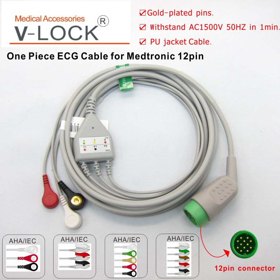 Cable ECG de una sola pieza con 3 cables, snap par... – Grandado
