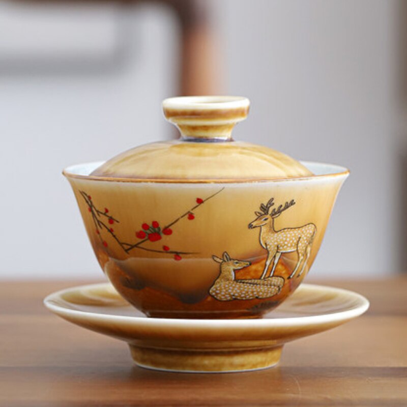 4.7oz porslin gaiwan målade guld plommon blomma si... – Vicedeal