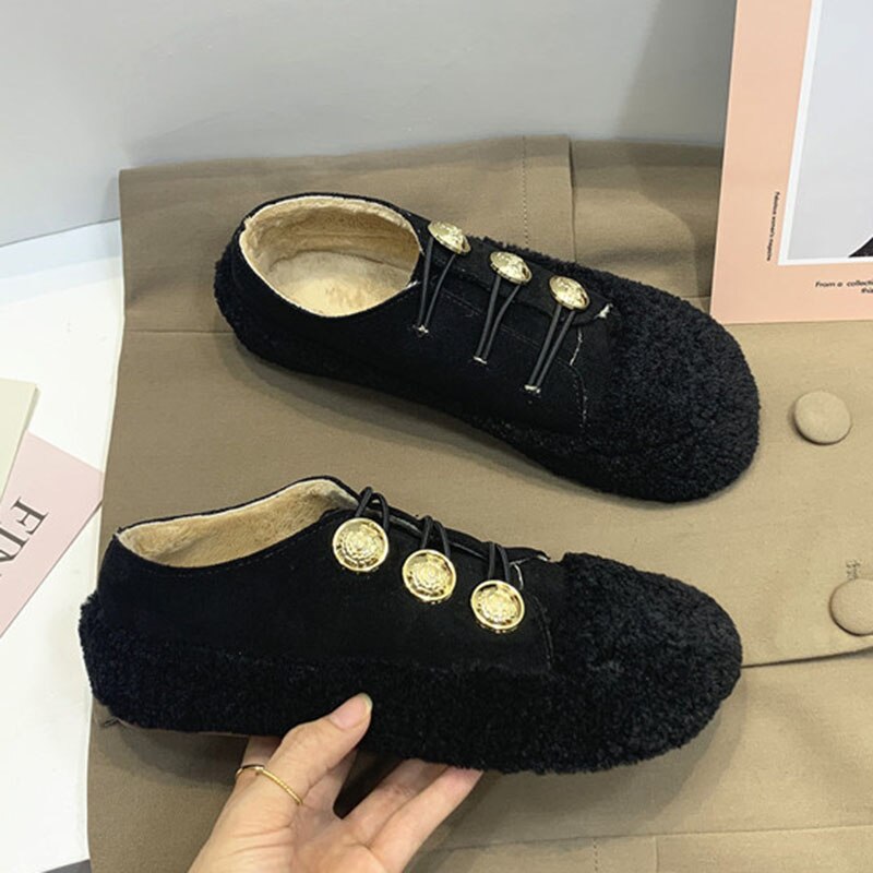 Patchwork Wool fur flats woman metal medal elastic... – Grandado