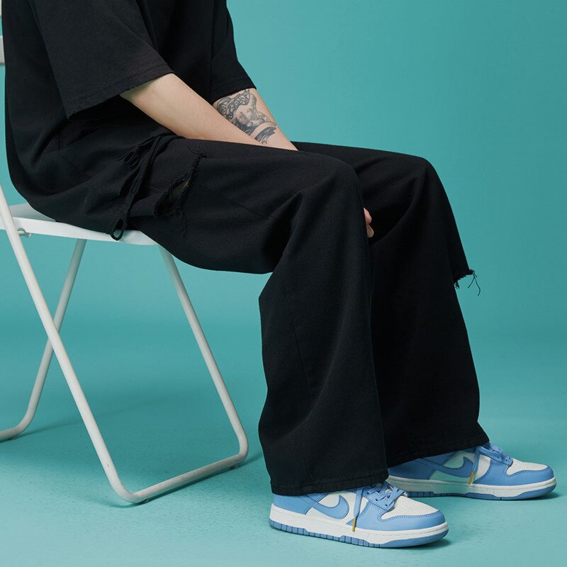 Summer Ripped Wide-leg Jeans Men Casual Black Whit... – Grandado