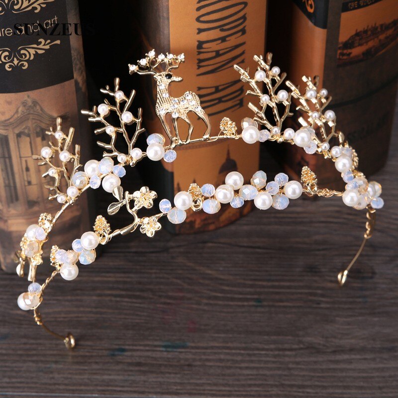 Vinatge Gold Bridal Crown With Pearls Flowers Bran... – Grandado