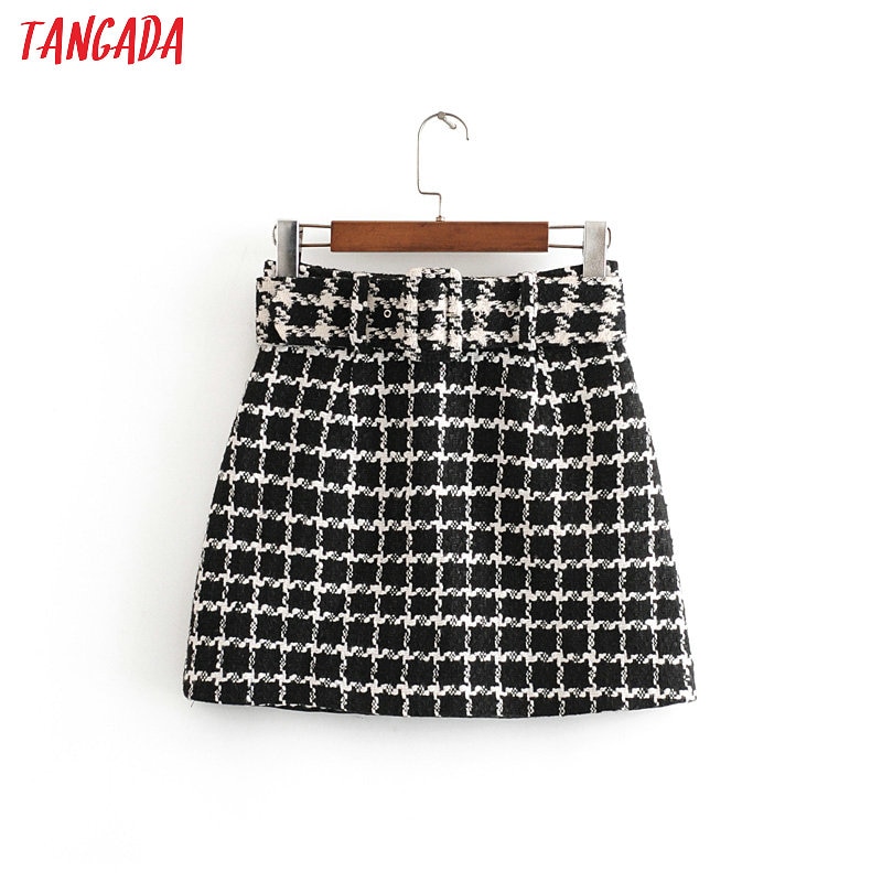 Tangada Vrouwen Chic Plaid Tweed Mini Rok Met Riem... – Grandado