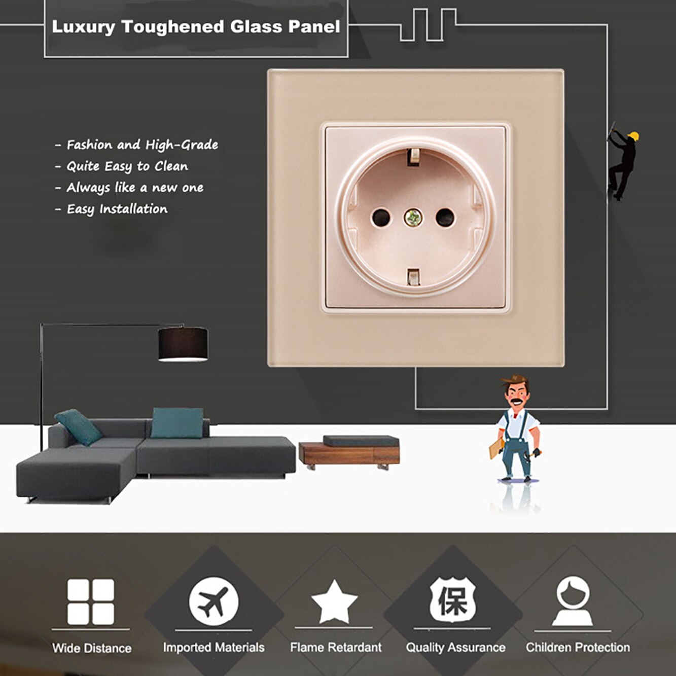 Wall Power Sockets Tempered Crystal Glass Panel 16... – Grandado