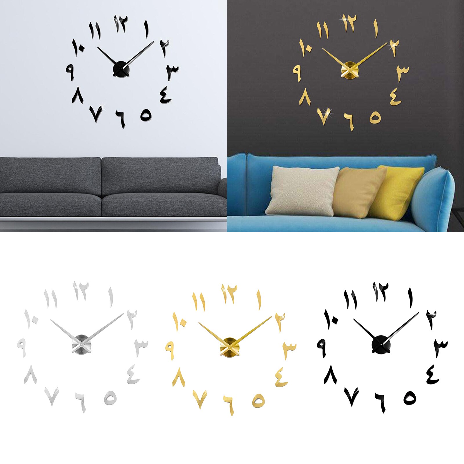 Wall Clock 3D Arabic Numerals Mirror Stickers Mute... – Vicedeal