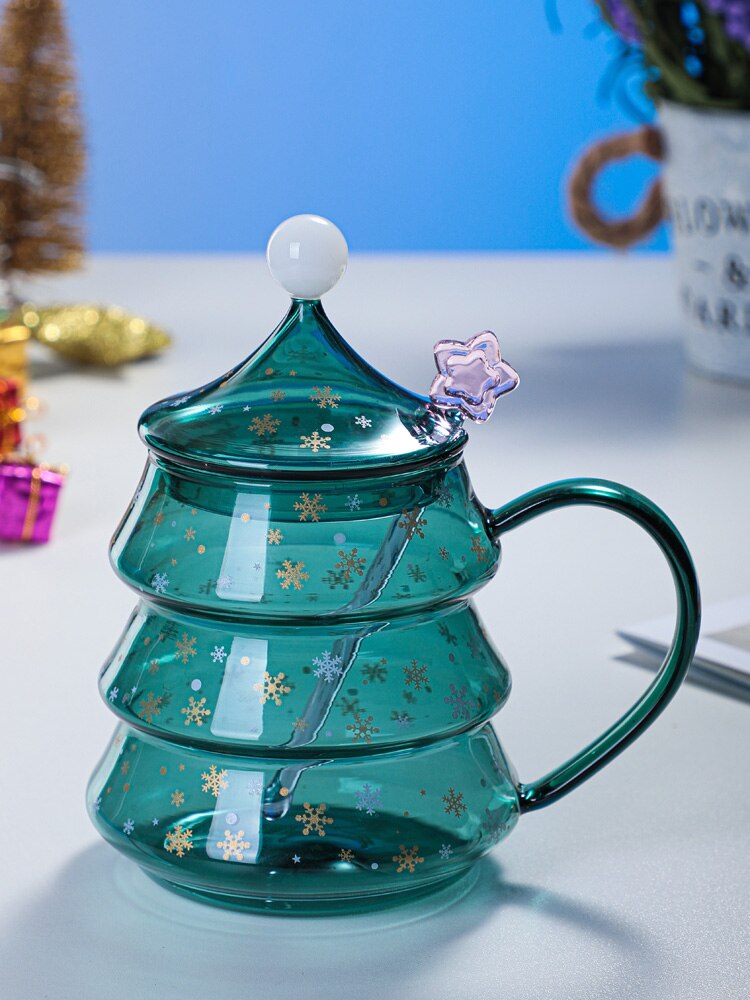 Christmas Tree Glass Cup Cute With Spoon Lid Coffe... – Grandado