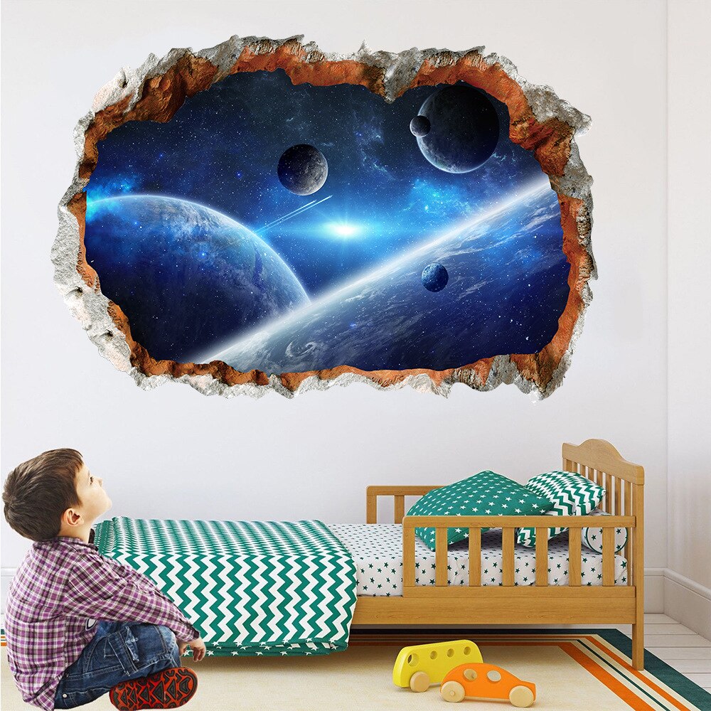 gebroken muur starry 3D planet muurstickers woonka... – Grandado