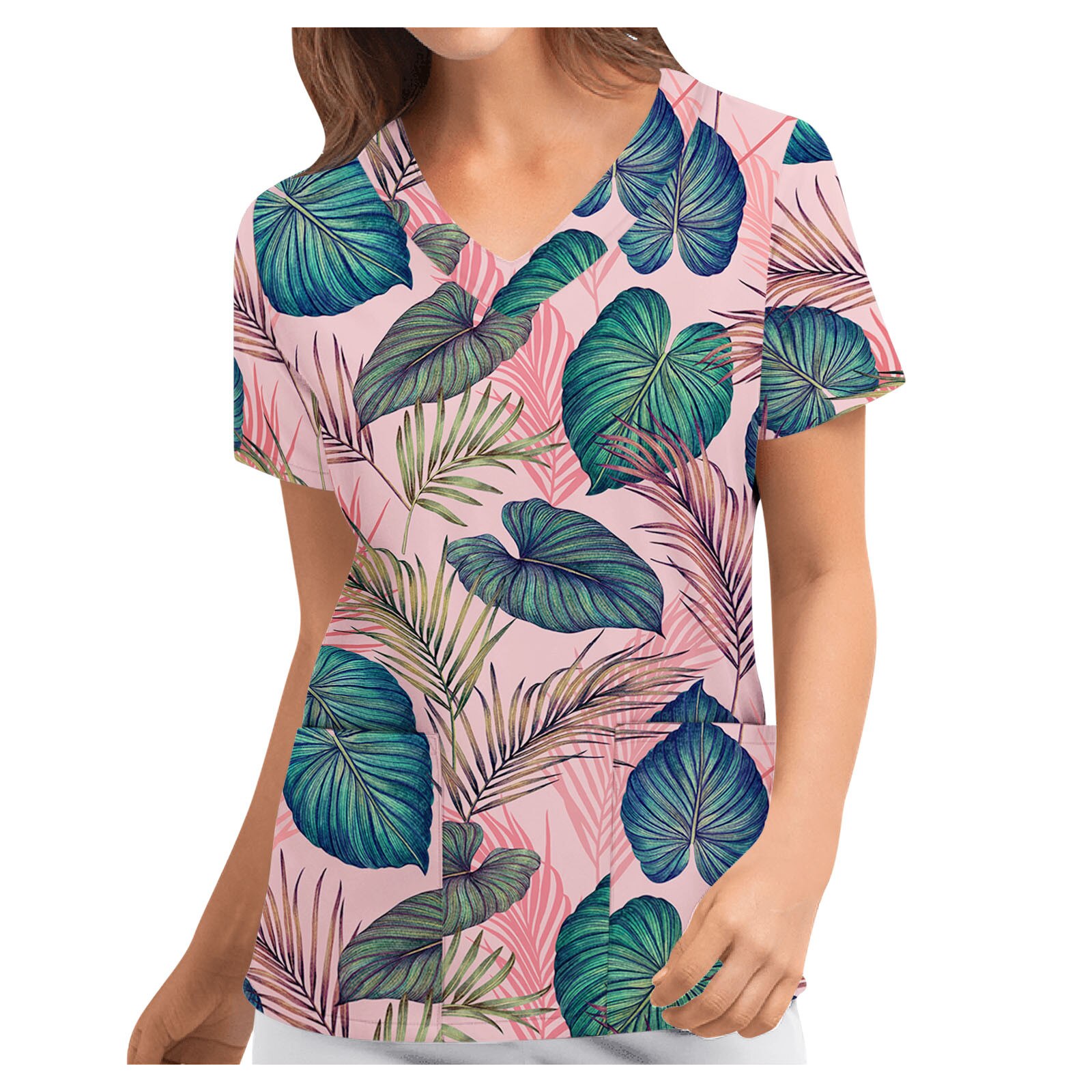 Floral Pattern Tops Uniform Women Short Sleeve V-n... – Grandado