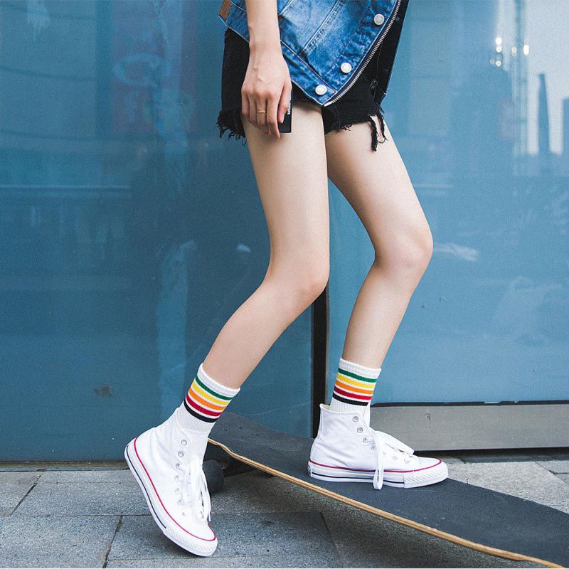 1Pair Women Girls Rainbow Stripes Cotton Running S... – Vicedeal