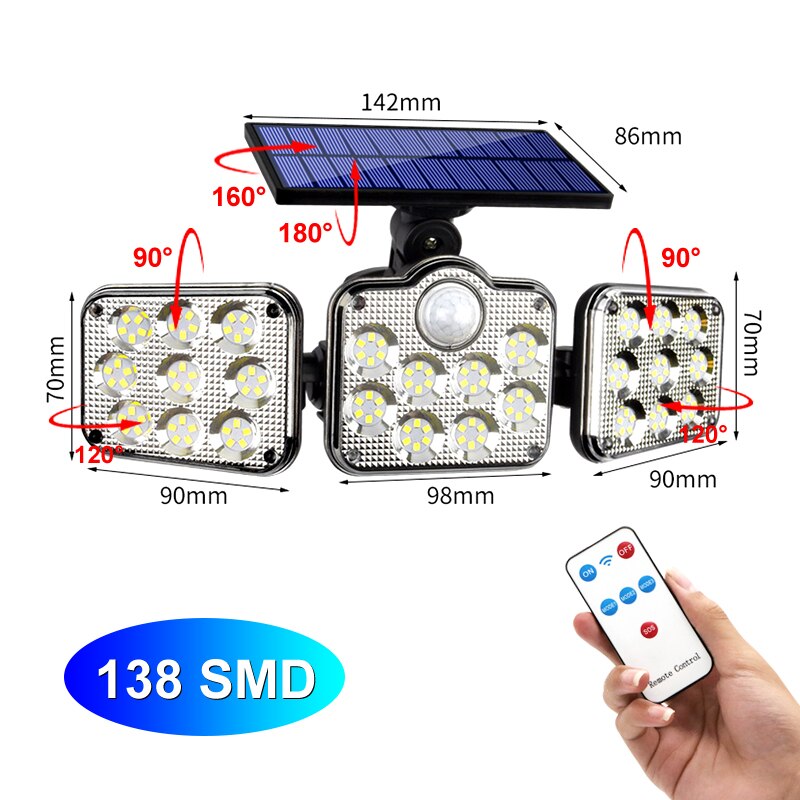 Solar Motion Sensor Outdoor Light 138 LED 3 Head 2... – Grandado