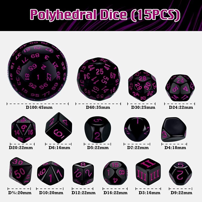 15Pieces Complete Polyhedral DND Dice Set D3-D100 ... – Grandado