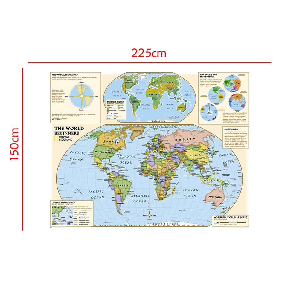 150x225cm Non-woven Foldable World Physical Map Wi... – Grandado