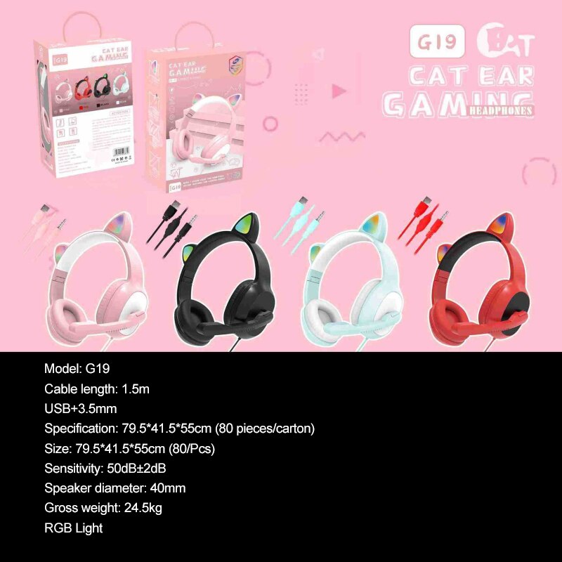 Product G19 Pink Cat Ear Cute Girl Gaming Headset ... – Grandado