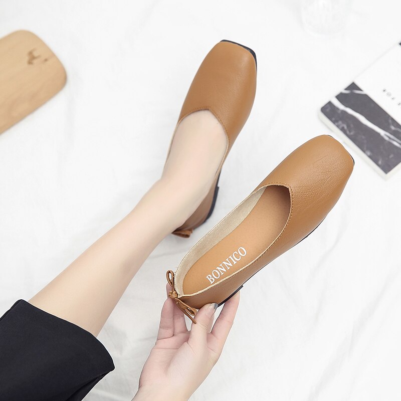 women low heel shoes Spring leather Square toe Sho... – Grandado