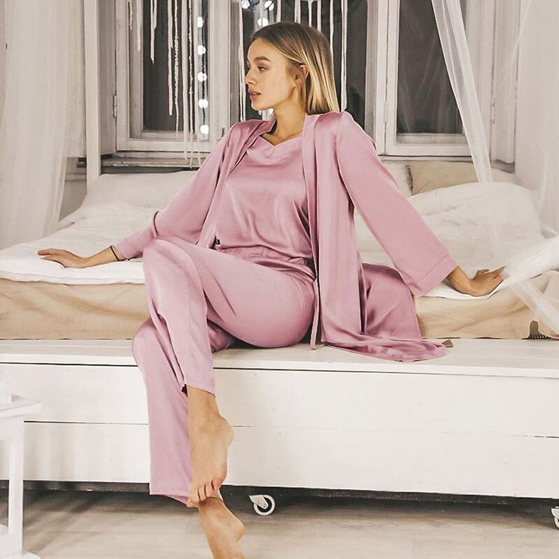 HiLoc Pink Satin Robe Sets Winter 3 Piece Set Silk... – Vicedeal