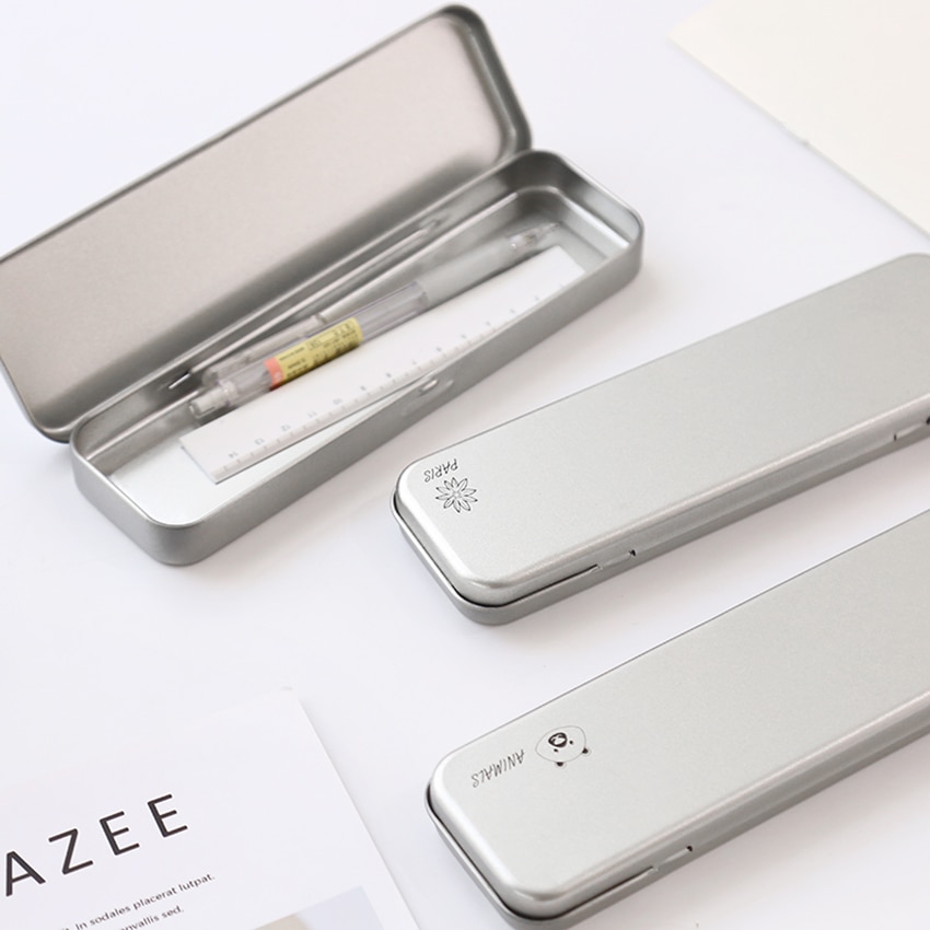 Silver Tin Pencil Case Box with Small Cartoon Patt... – Vicedeal