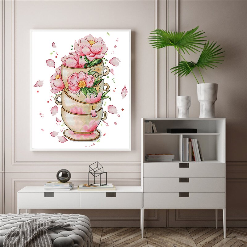 Flower On Coffee Cup Patterns DIY Hand Made Cross ... – Grandado