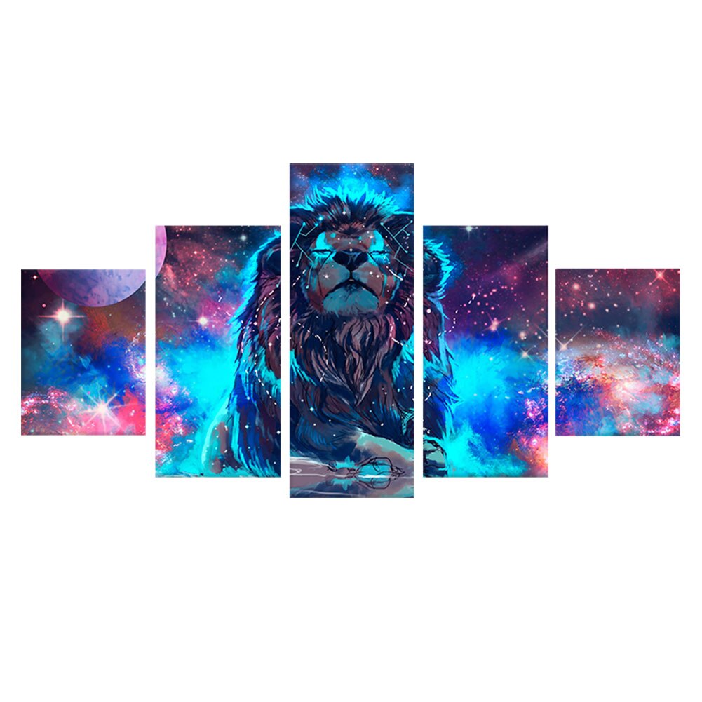 5 Panel Oil Painting Starry Sky Lion Art Canvas Wa... – Grandado