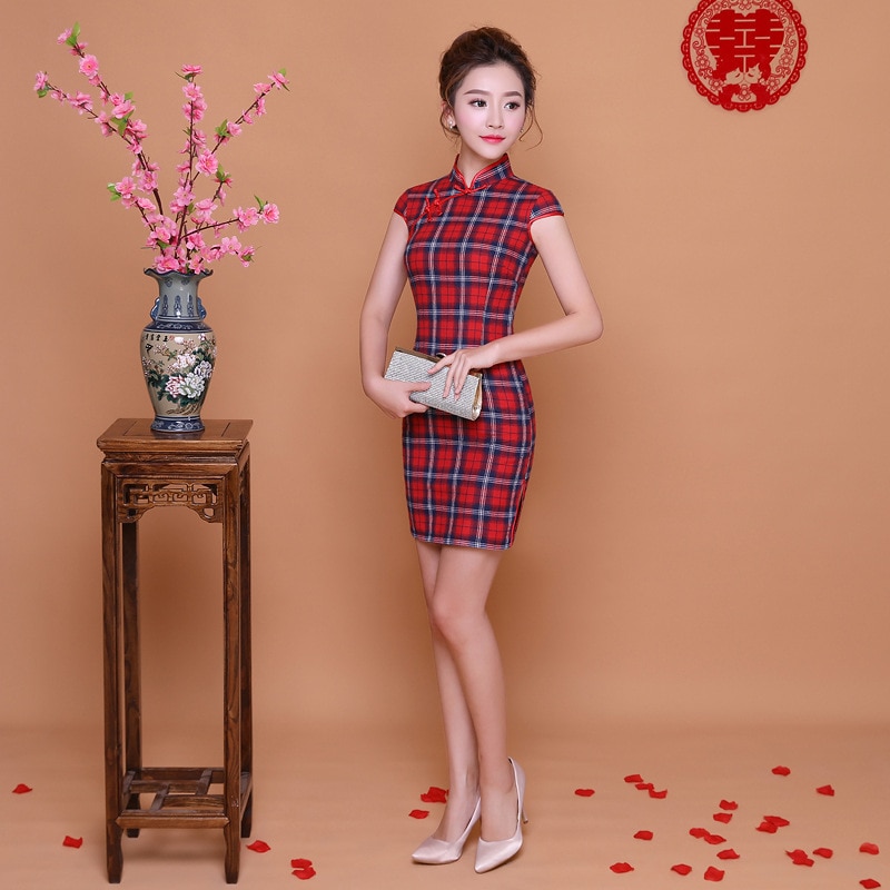 SHENG COCO Ladies Red Blue Plaid Qipao Dress Daily... – Grandado