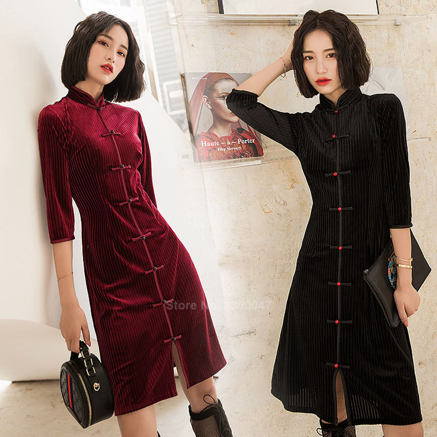 Autumn Winter Velvet Women Cheongsam Dress Traditi... – Vicedeal