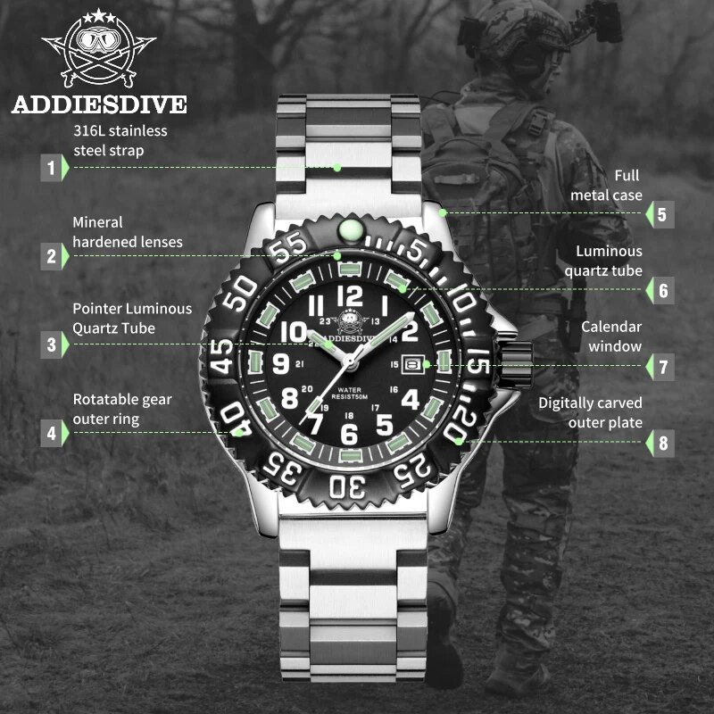 Addies Dive Men Casual Watch Calendar Display 50m ... – Grandado