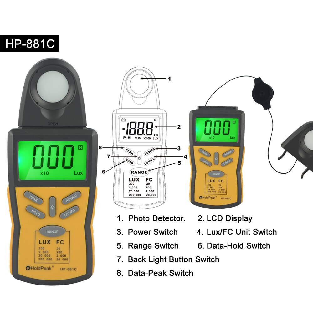HoldPeak Stretch Type Digitale LUX Meter Niveau Me... – Vicedeal