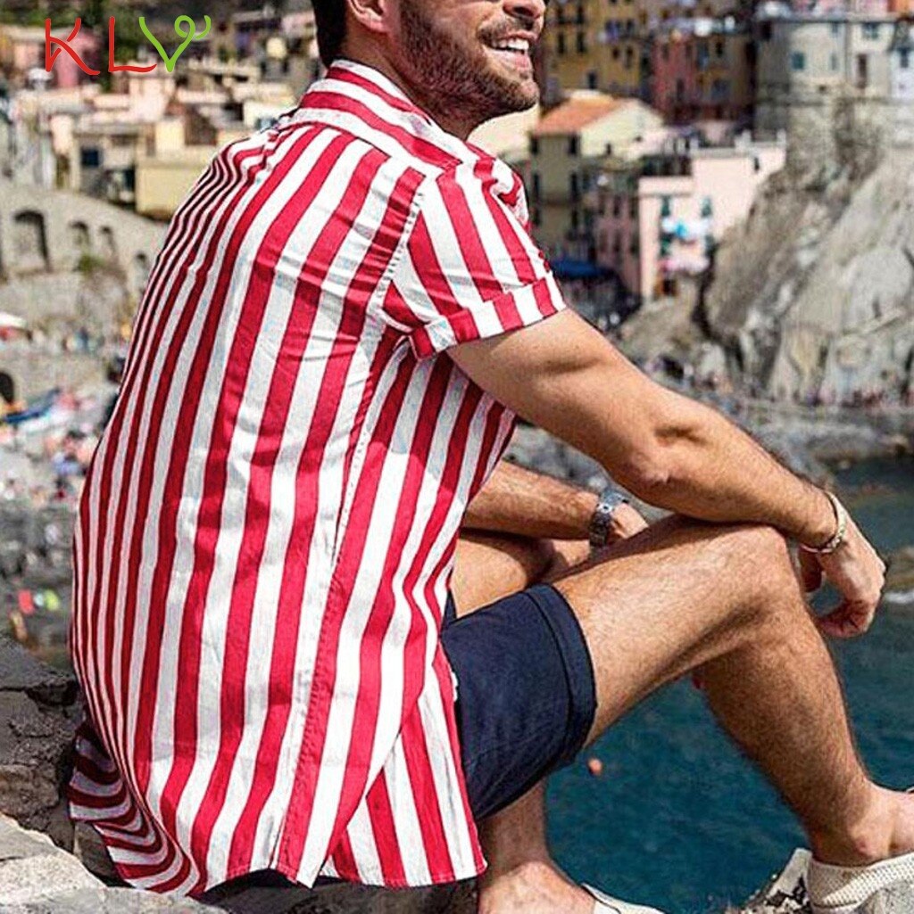 Blouse Shirt Mannen Zomer Rode Gestreepte Hawaiian... – Grandado