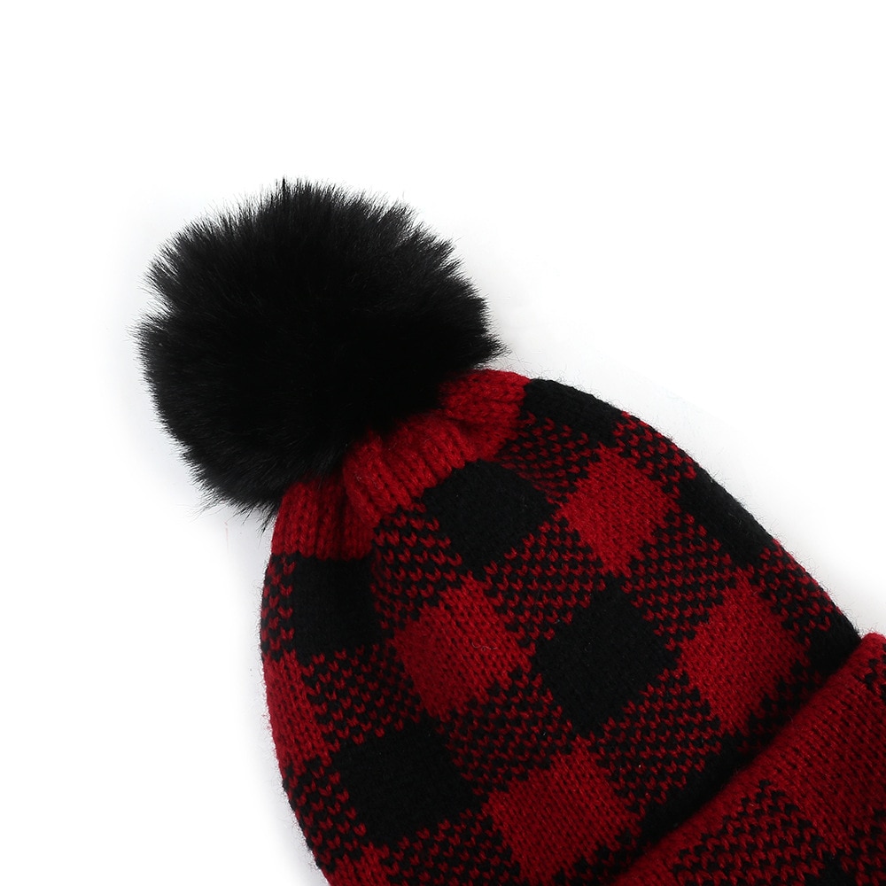 Red and Black Buffalo Plaid Beanie Hat with Pom Wi... – Grandado