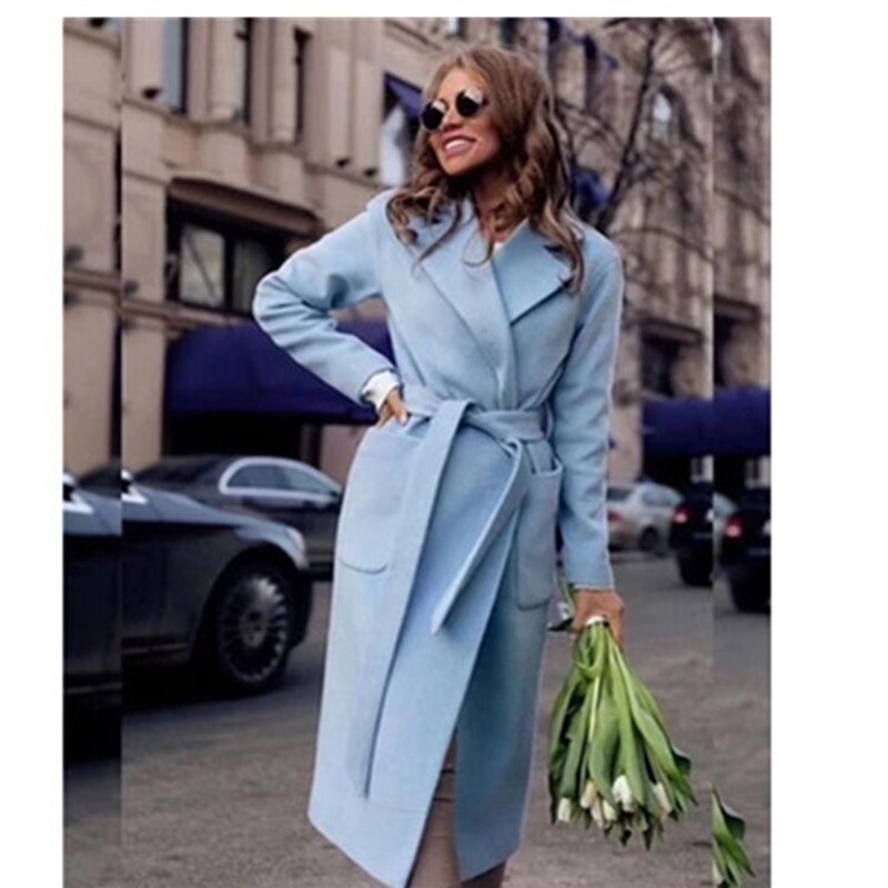 Cotday Wool Blue Turn-down Collar Loose Belted Off... – Vicedeal