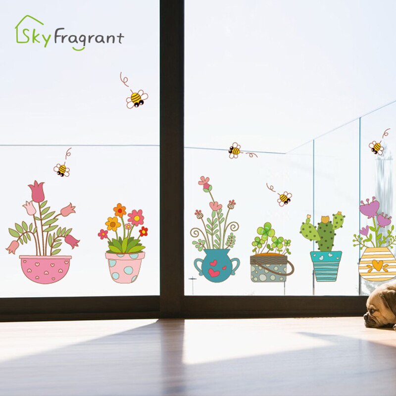 stick figure flower pots wall sticker glass window... – Grandado