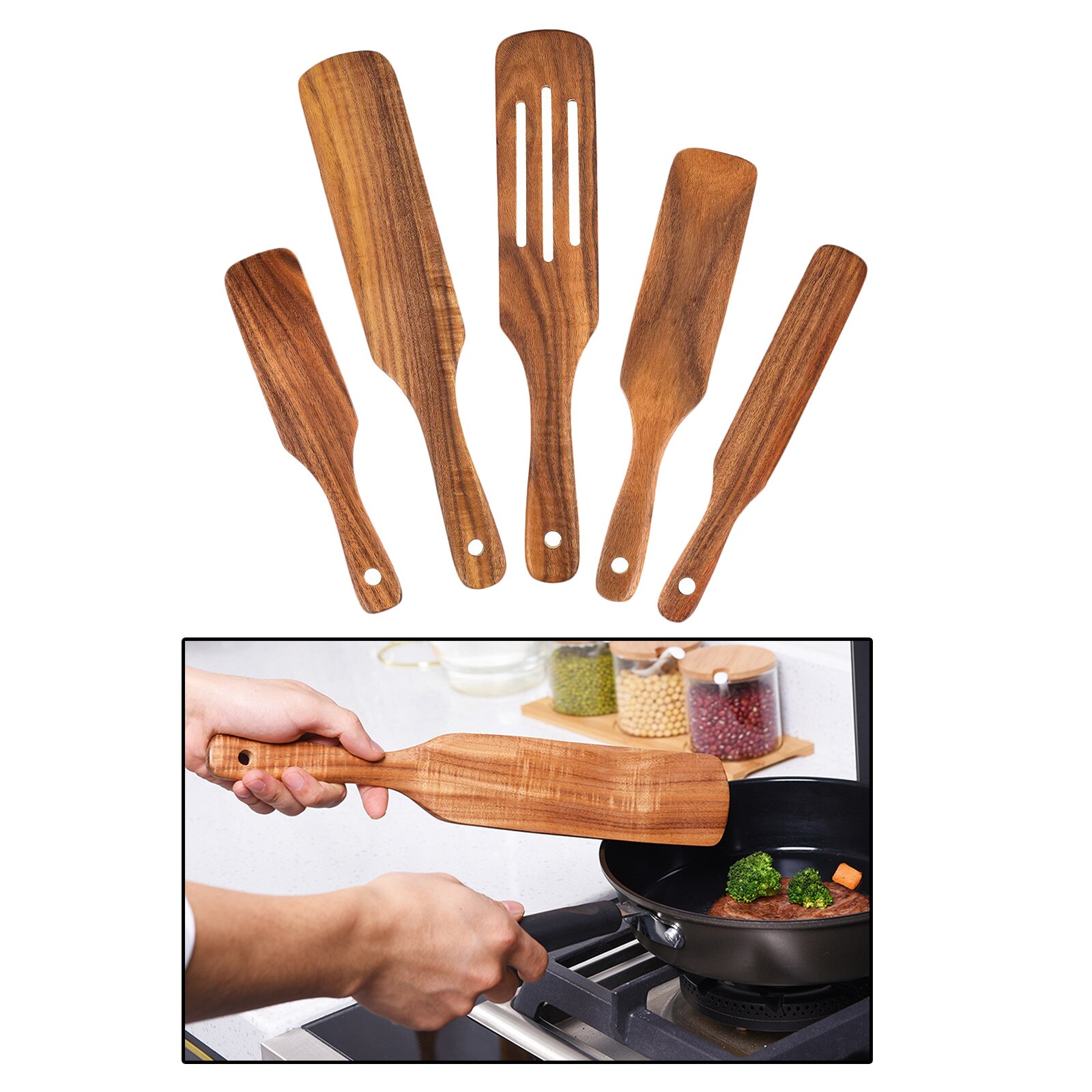 5x Natural Teak Wood Slotted Spurtle Spatula Sets ... – Grandado
