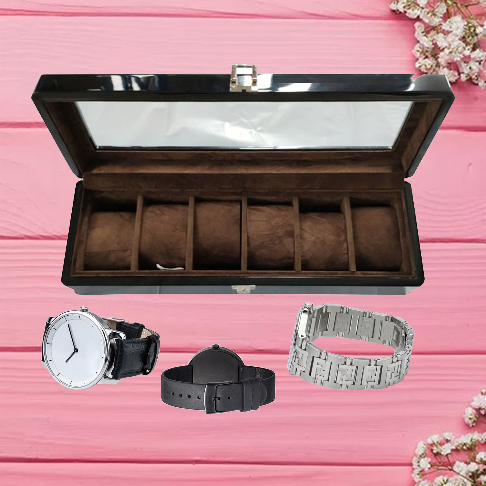 6 Slot Wood Watch Box Velvet Showcase Organizer Gl... – Grandado