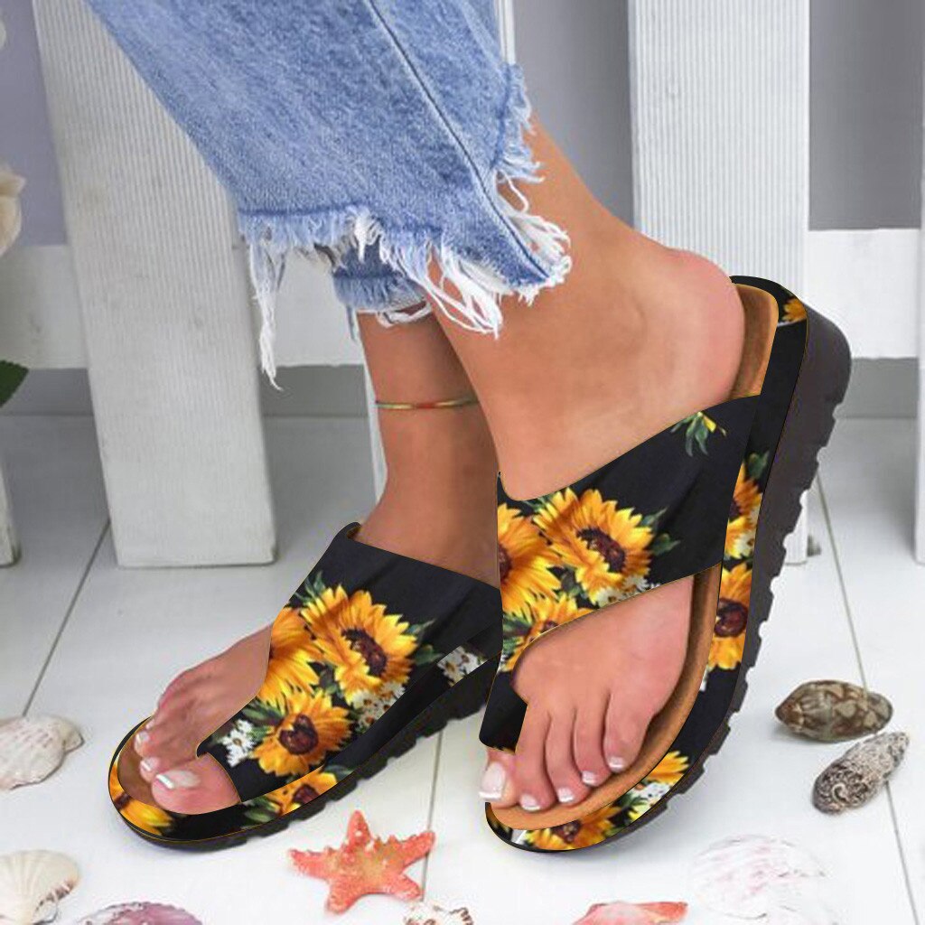 Womens Sunflower Print Sandals Flats Wedges Slippe Vicedeal