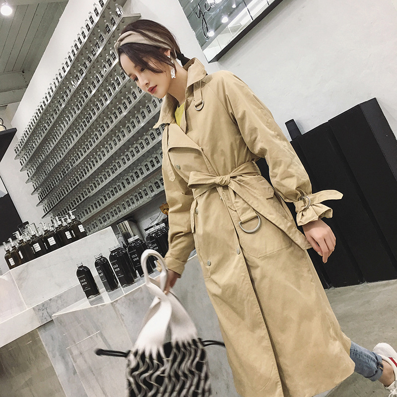 pure color long trench coat flow belt double-breas... – Vicedeal