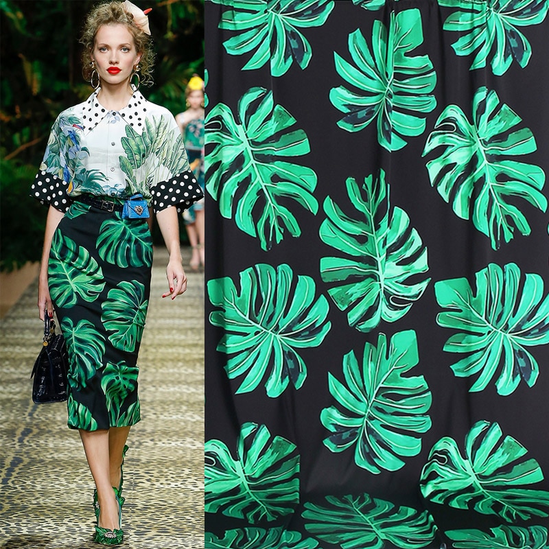 100X125cm Green leaf monstera print on black Stret... – Grandado