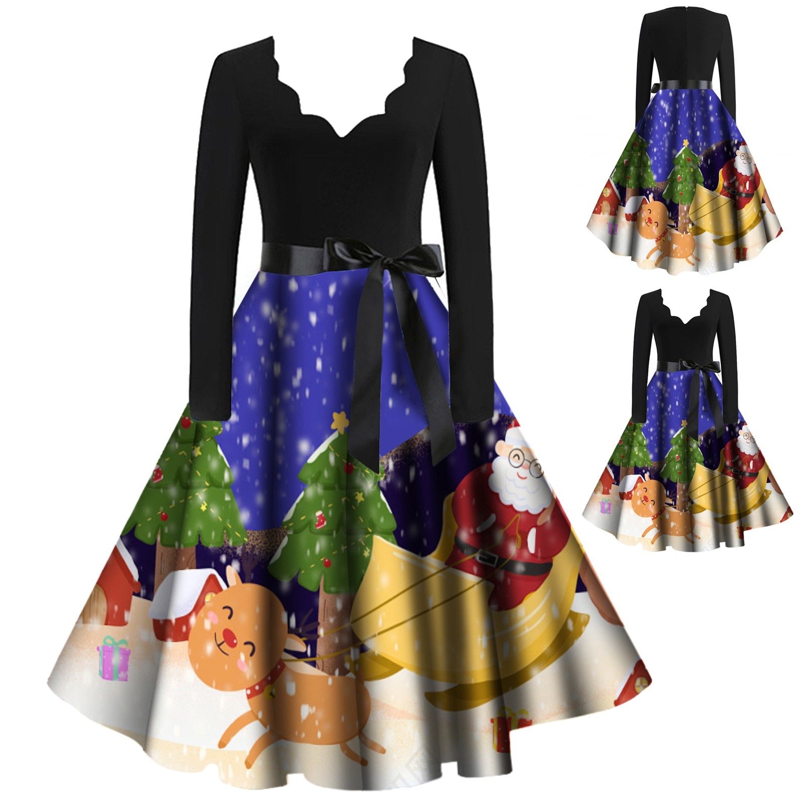 Santa Printed Dress Women Vintage Long Sleeve Chri... – Vicedeal