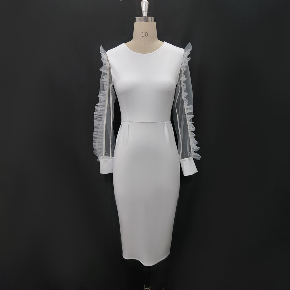 White Dress O Neck Transparent Mesh Long Sleeve Ru... – Grandado
