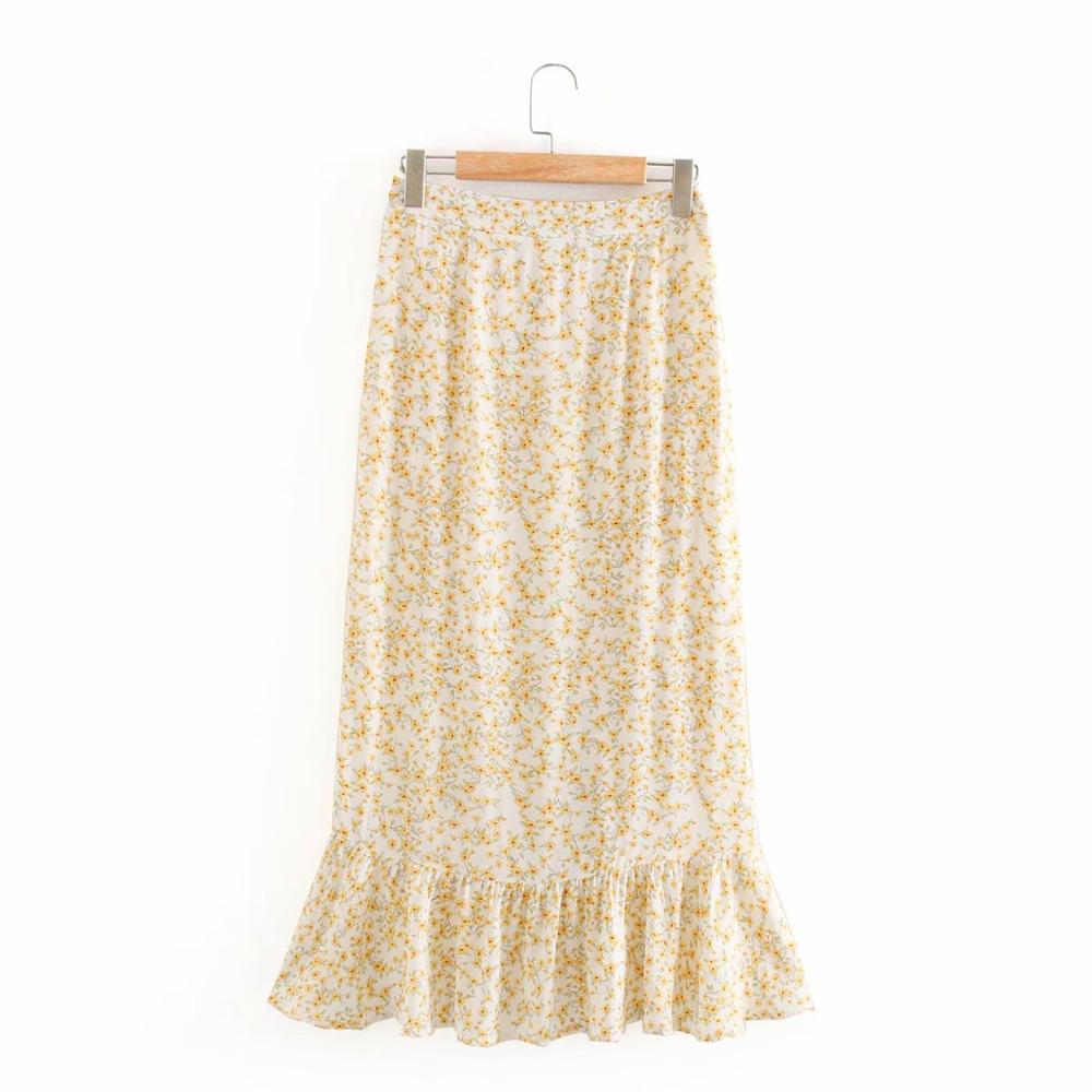 Women yellow flower print irregular pleated ruffle... – Vicedeal