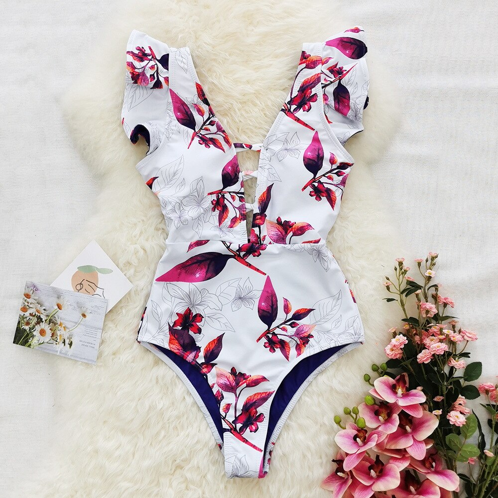 Women Floral Ruffle Shoulder One Piece Bandage Mon... – Vicedeal