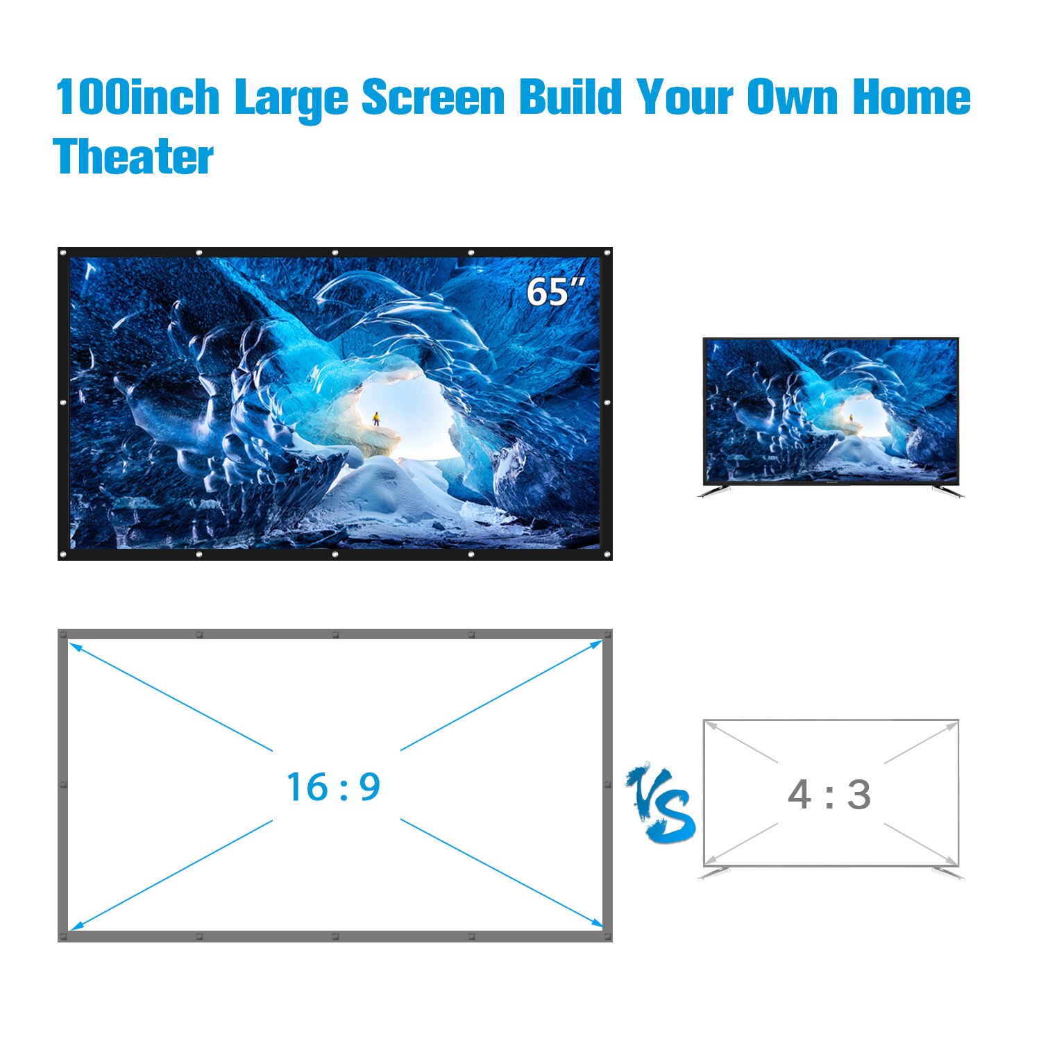 100 inch 16:9 Projector Screen 4K Ultra HD 3D TV S... – Grandado