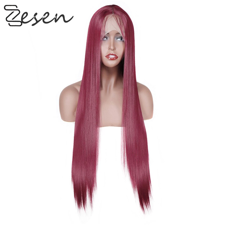 ZeSen Wine Red Wig Straight Long Synthetic Lace Fr... – Grandado
