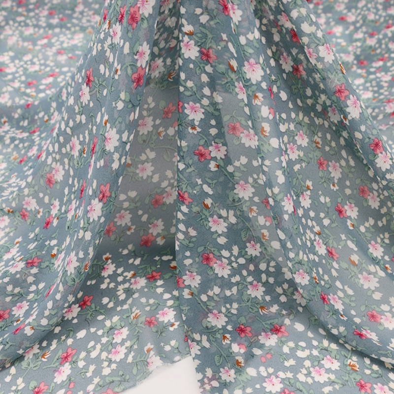 Blue Grey Chiffon Print Material Floral Dress Fabr... – Vicedeal