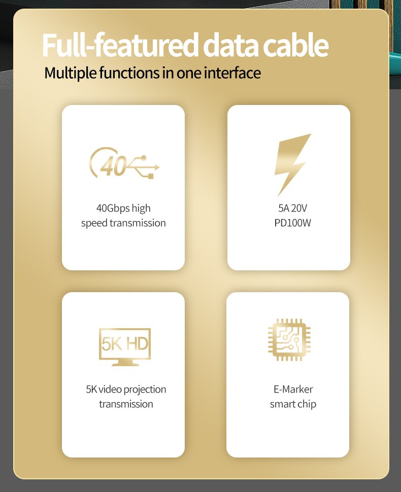 USB 4,0 40Gbps Thunderbolt 4/3 Kabel PD 100W 0,5 M... – Grandado